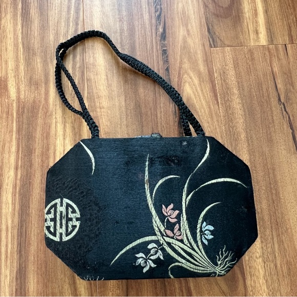 Bags | Vintage Mini Box Purse Black Silk Embroidered Asian Floral ...
